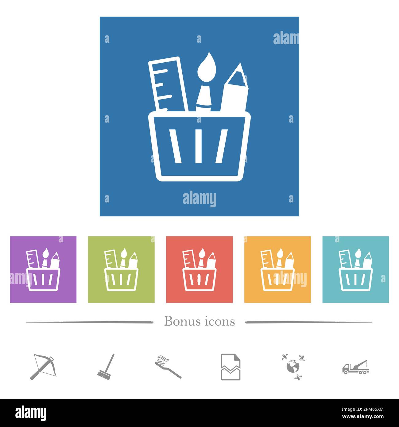 Drawing tools outline flat white icons in square backgrounds. 6 bonus ...