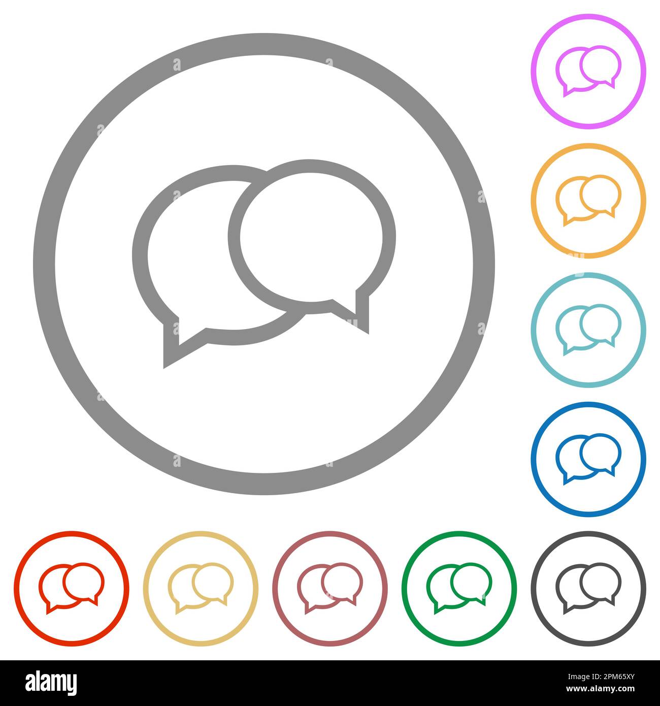 Two oval chat bubbles outline flat color icons in round outlines on ...