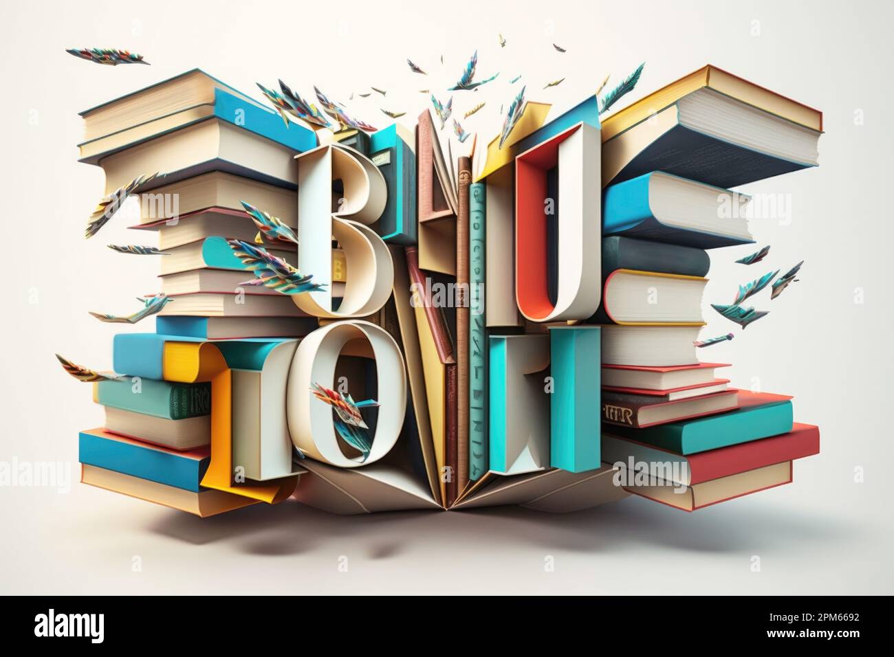 A stack of various books in bright covers light background, copy space ...