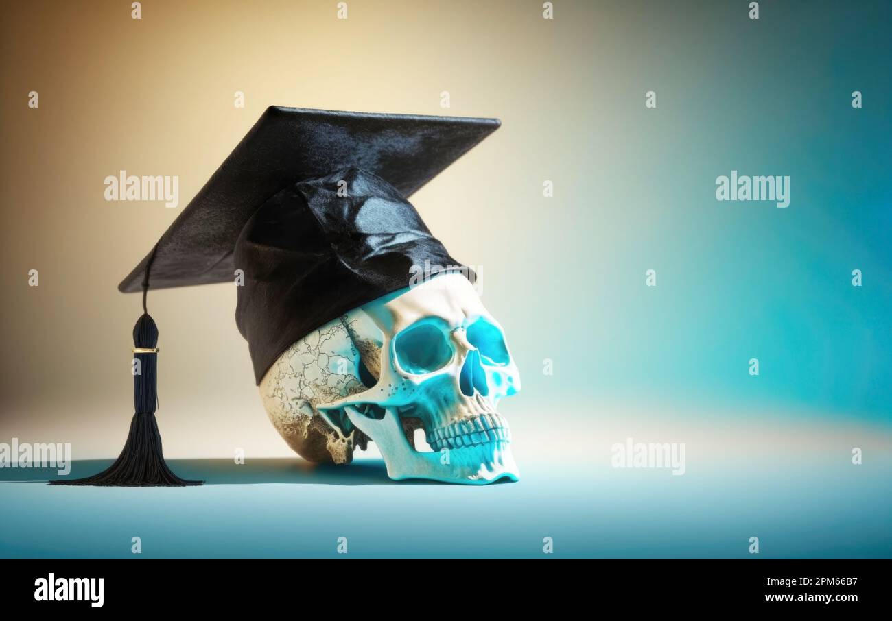 The skull of a man wearing a traditional Graduate cap. The concept of ...