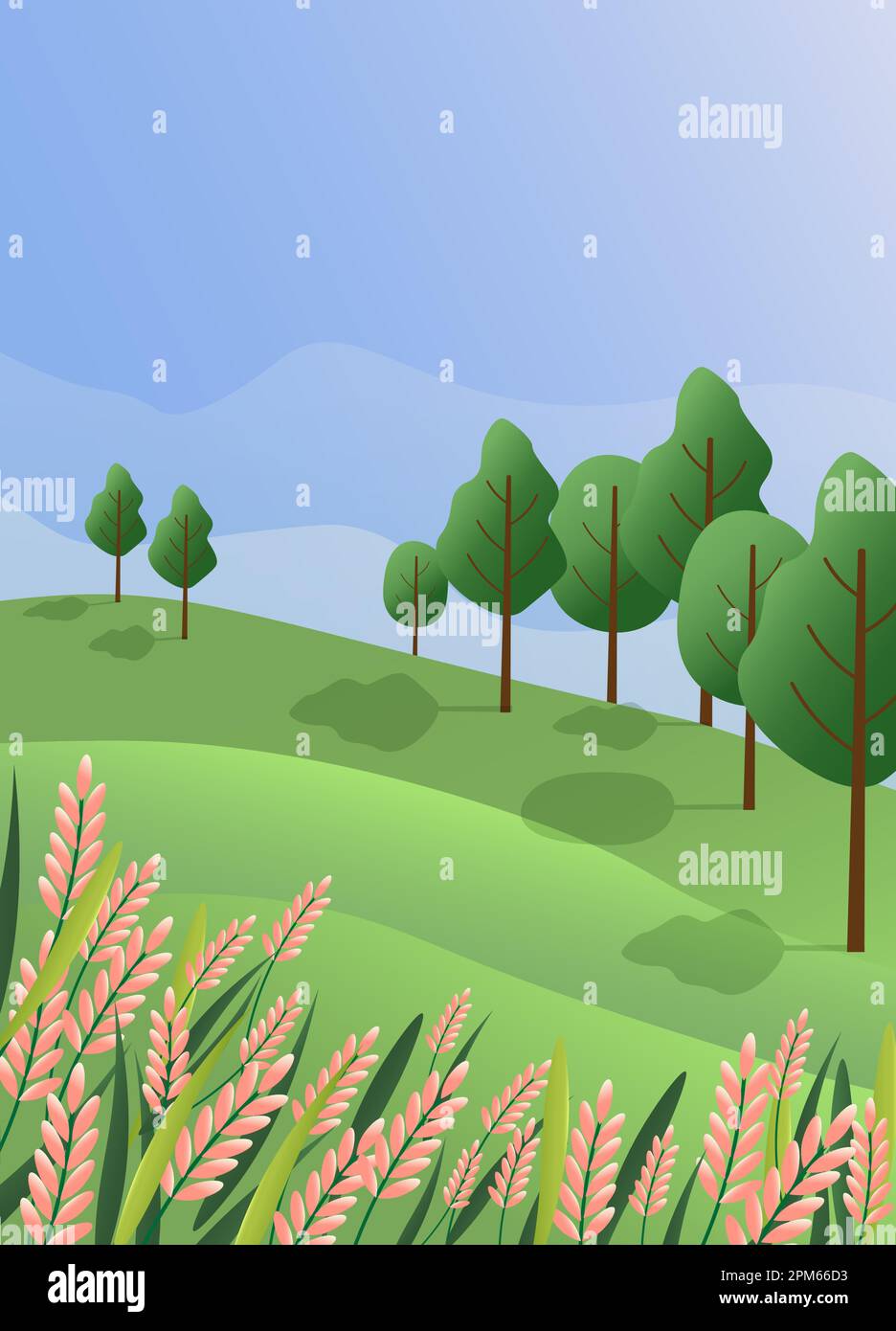Landscape with trees and flower. Vector drawing in a flat style with ...