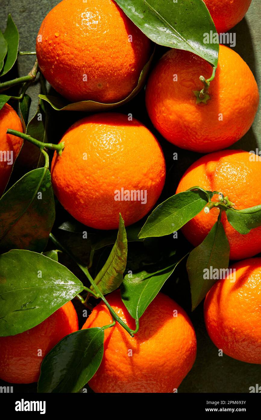 Stem & Leaf Mandarin Oranges on a Green Background Stock Photo - Alamy