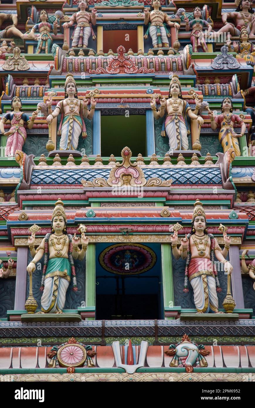 Gopuram tower with gaudy deities, Sri Srinivasa Perumal Temple, Little ...