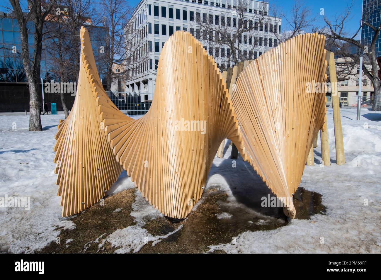 Wooden abstract sculptures in Victoria Park in downtown Regina ...