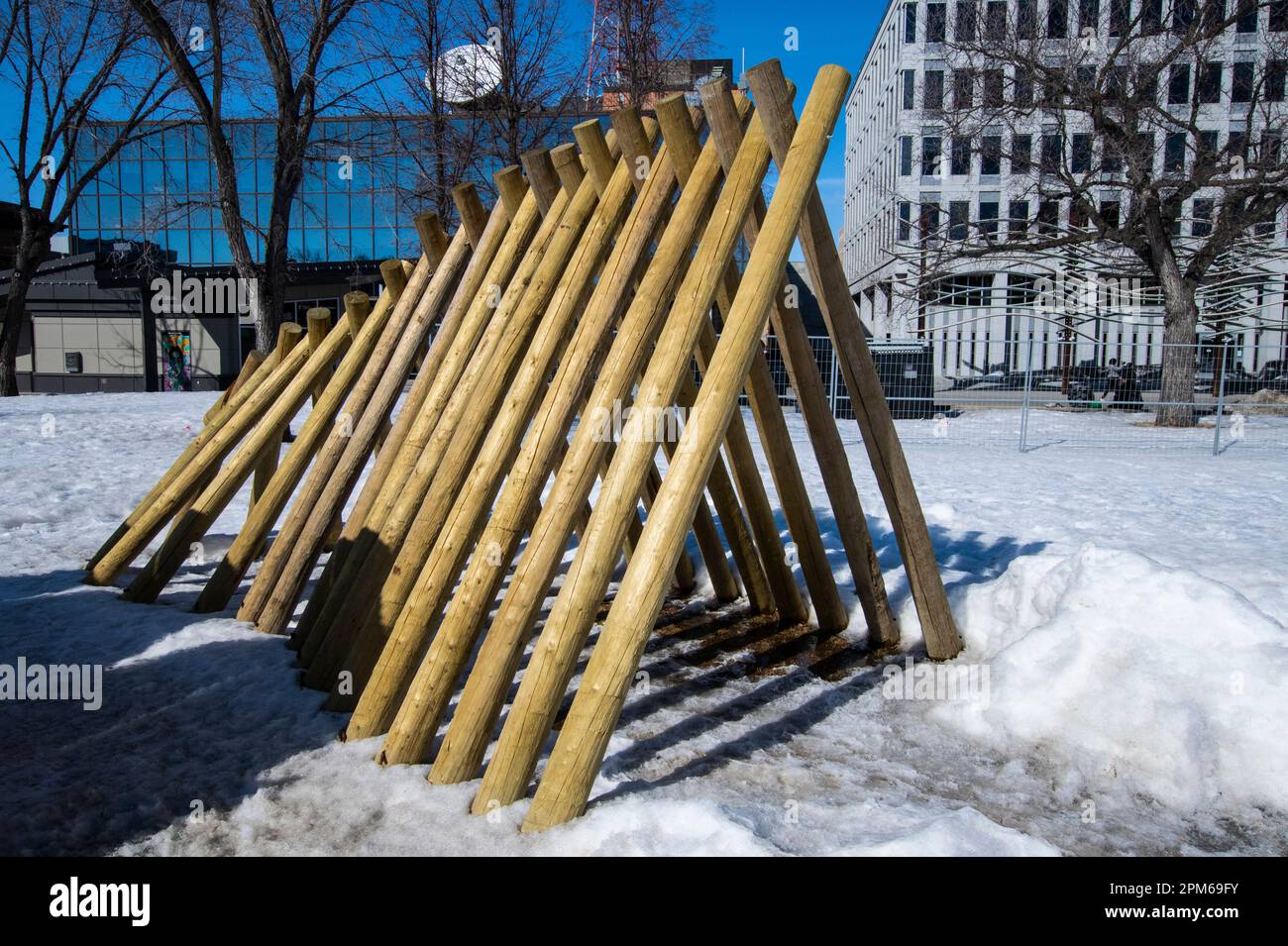 Wooden abstract sculptures in Victoria Park in downtown Regina ...