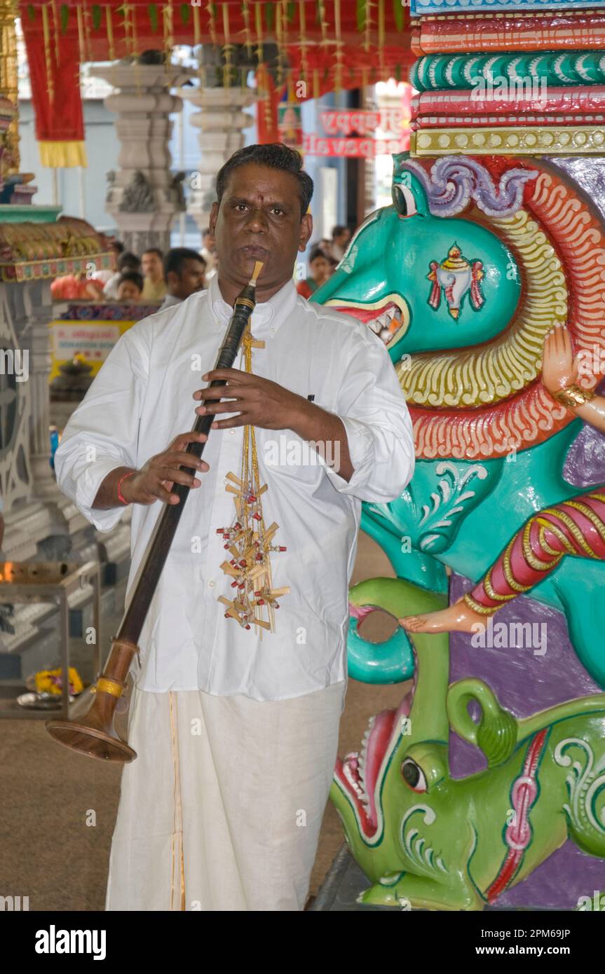 Musician playing flute-like instrument by gaudy elephant painted column ...