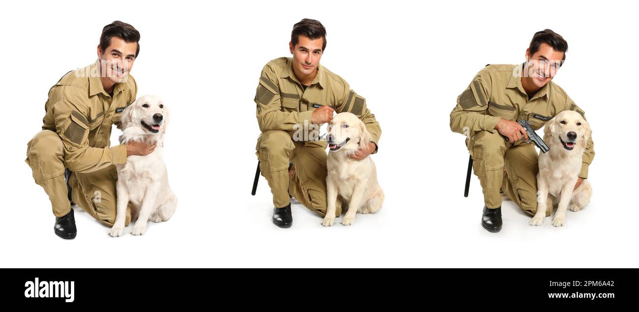 Male security guard in uniform with gun and police dog on white ...