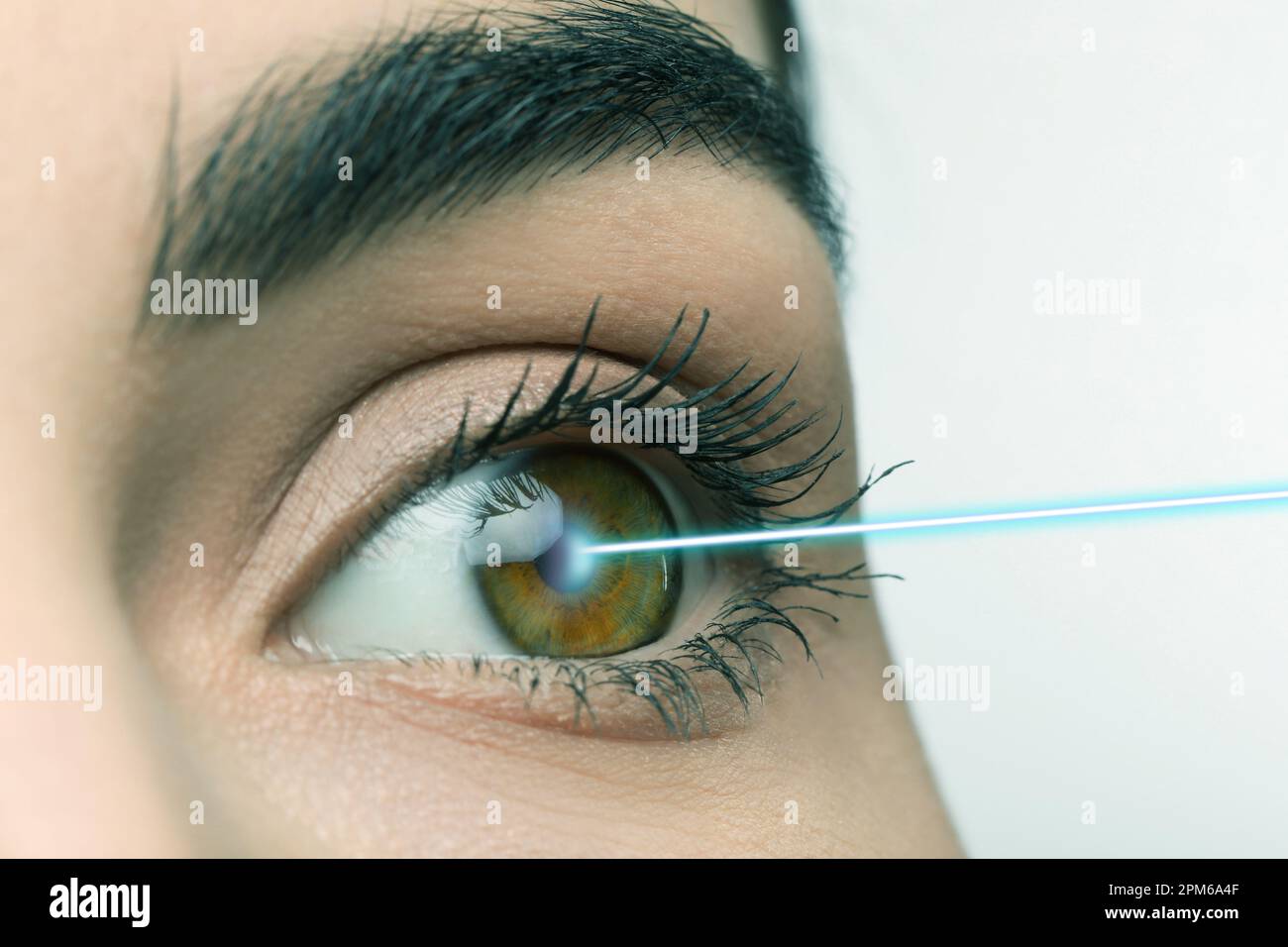 Closeup view of woman and laser ray illustration. Vision correction ...