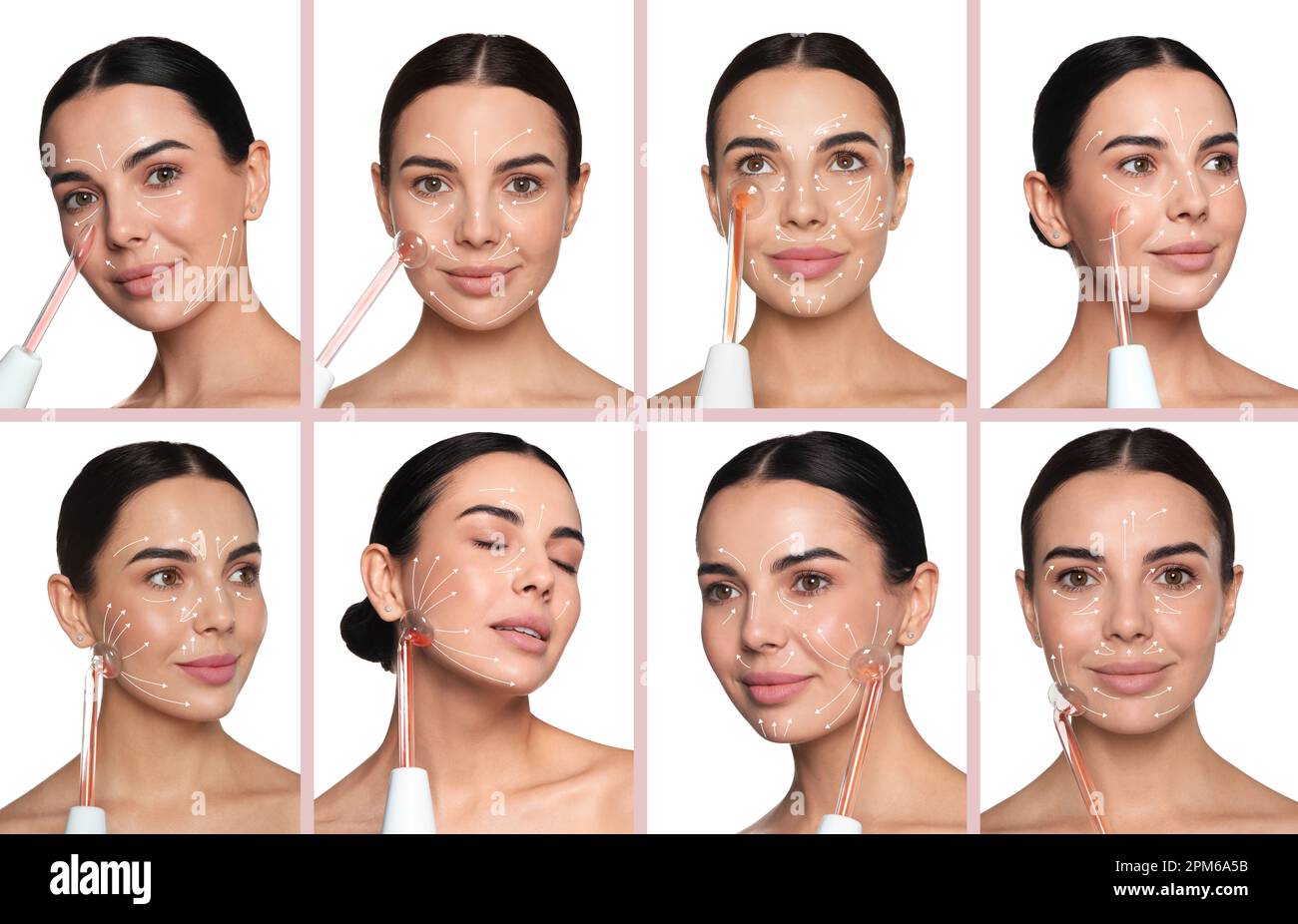 Collage with photos of young woman using high frequency darsonval ...