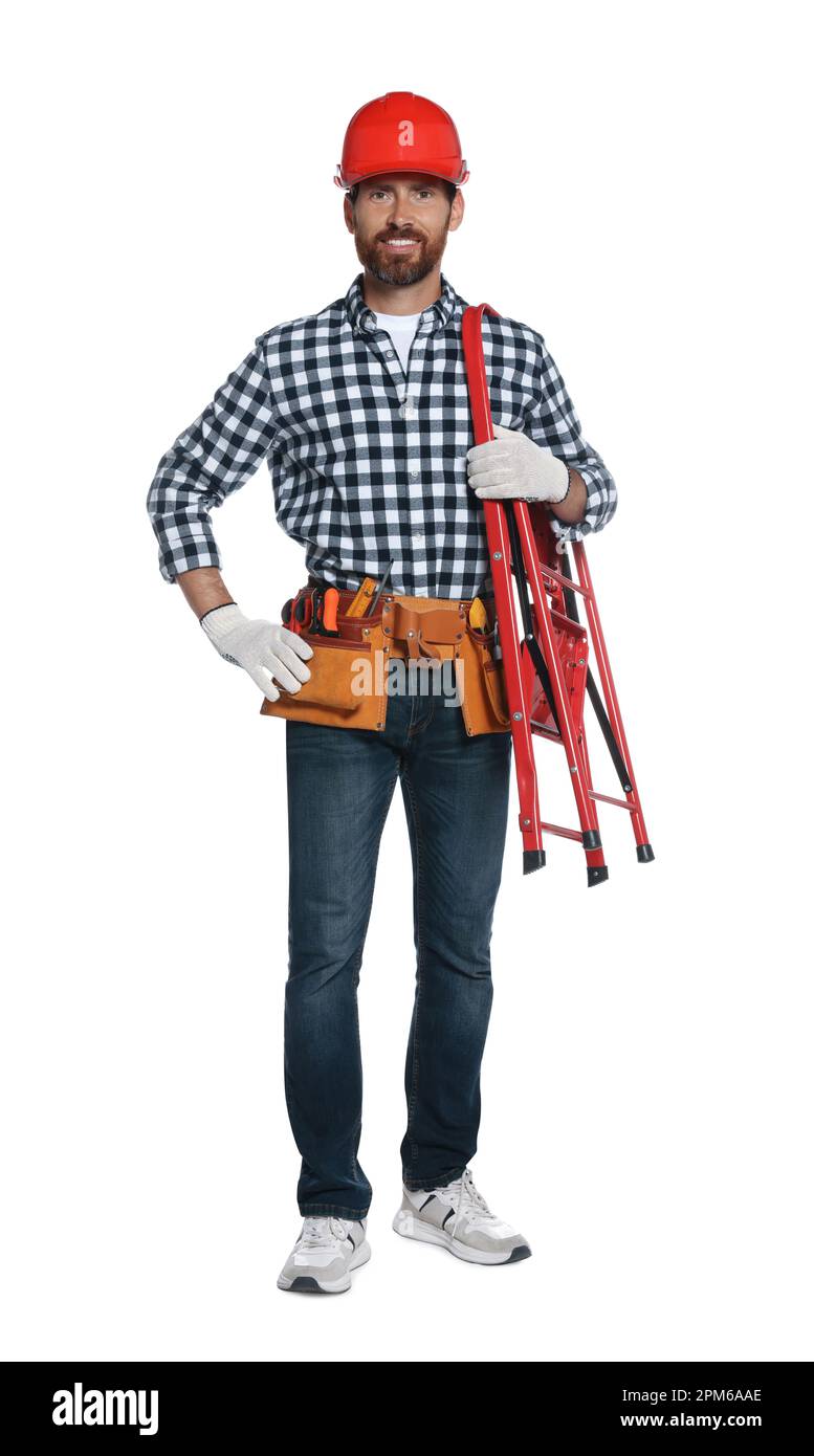 Professional builder in hard hat with tool belt isolated on white Stock ...