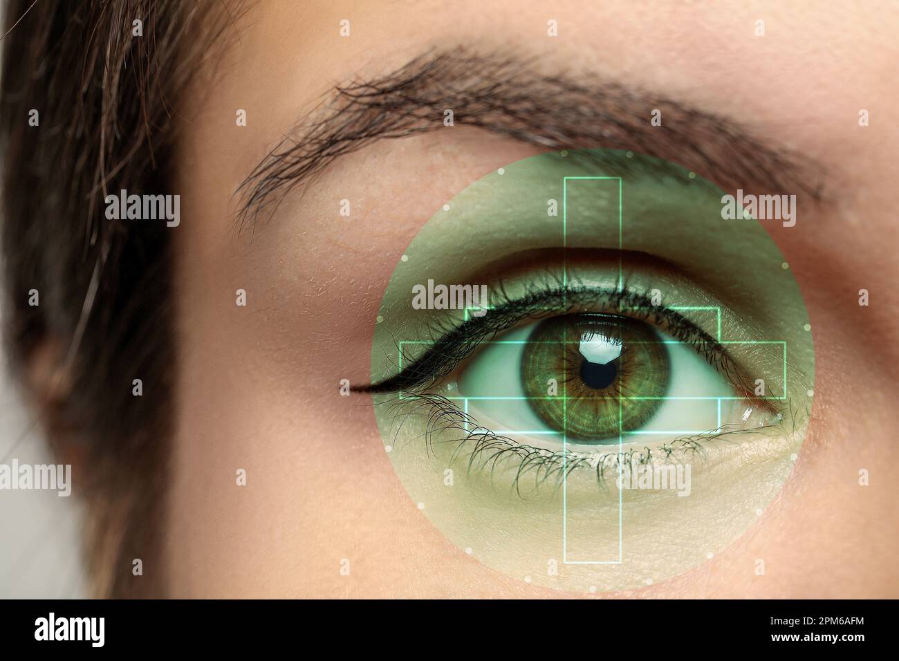 Closeup view of woman and mark illustration on her eye. Vision ...