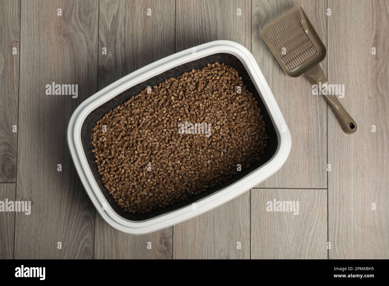 Cat tray with biodegradable litter and scoop on wooden floor, top view ...