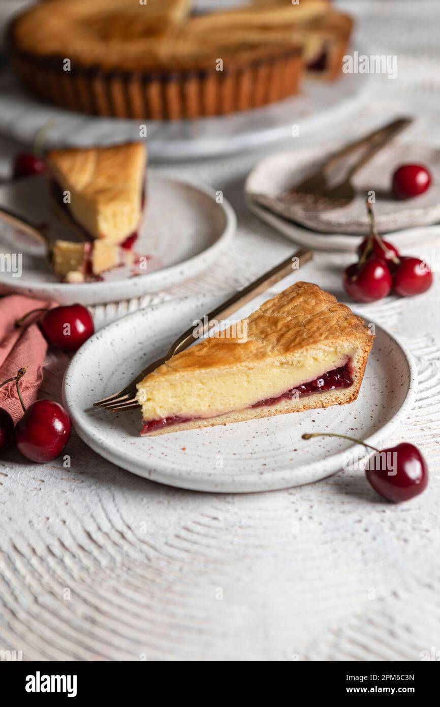 Gateau Basque with Vanilla Custard and Cherry Compote Stock Photo - Alamy