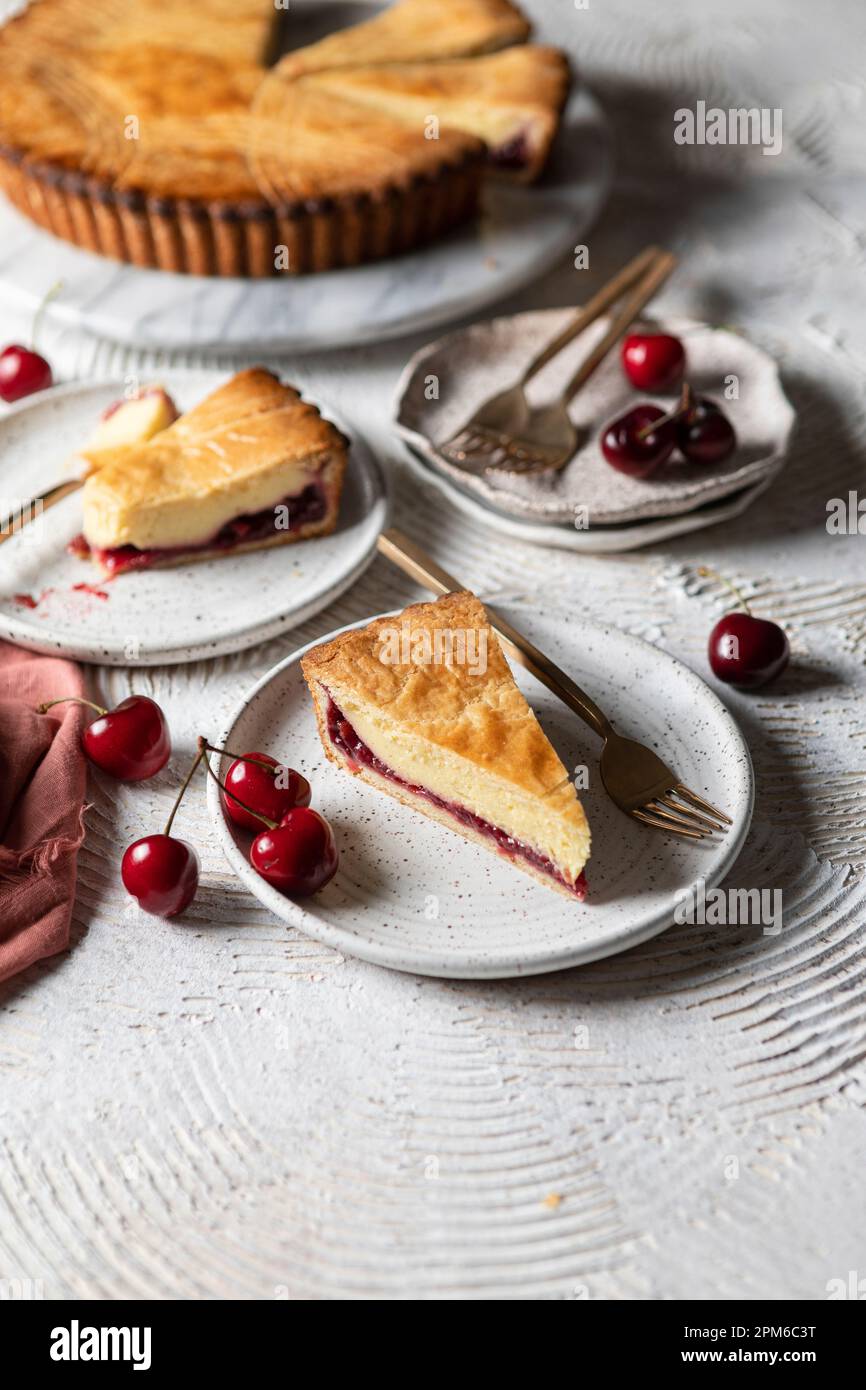 Gateau Basque with Vanilla Custard and Cherry Compote Stock Photo - Alamy