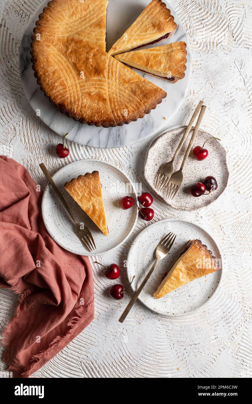 Gateau Basque with Vanilla Custard and Cherry Compote Stock Photo - Alamy