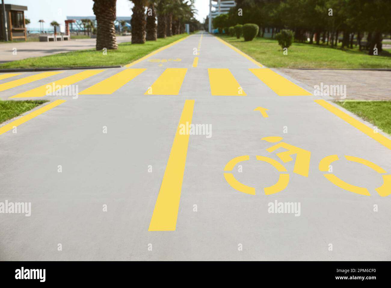 Bike lane with painted yellow bicycle sign and arrow near pedestrian ...