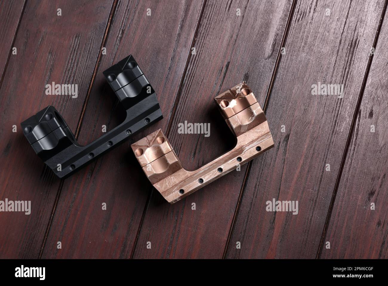 Quick disconnect sniper cantilever scope mounts on wooden table, top ...