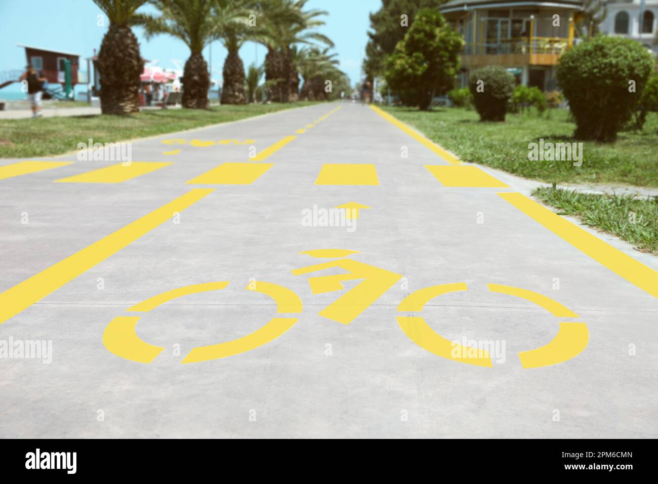 Bike lane with painted yellow bicycle sign and arrow near pedestrian ...