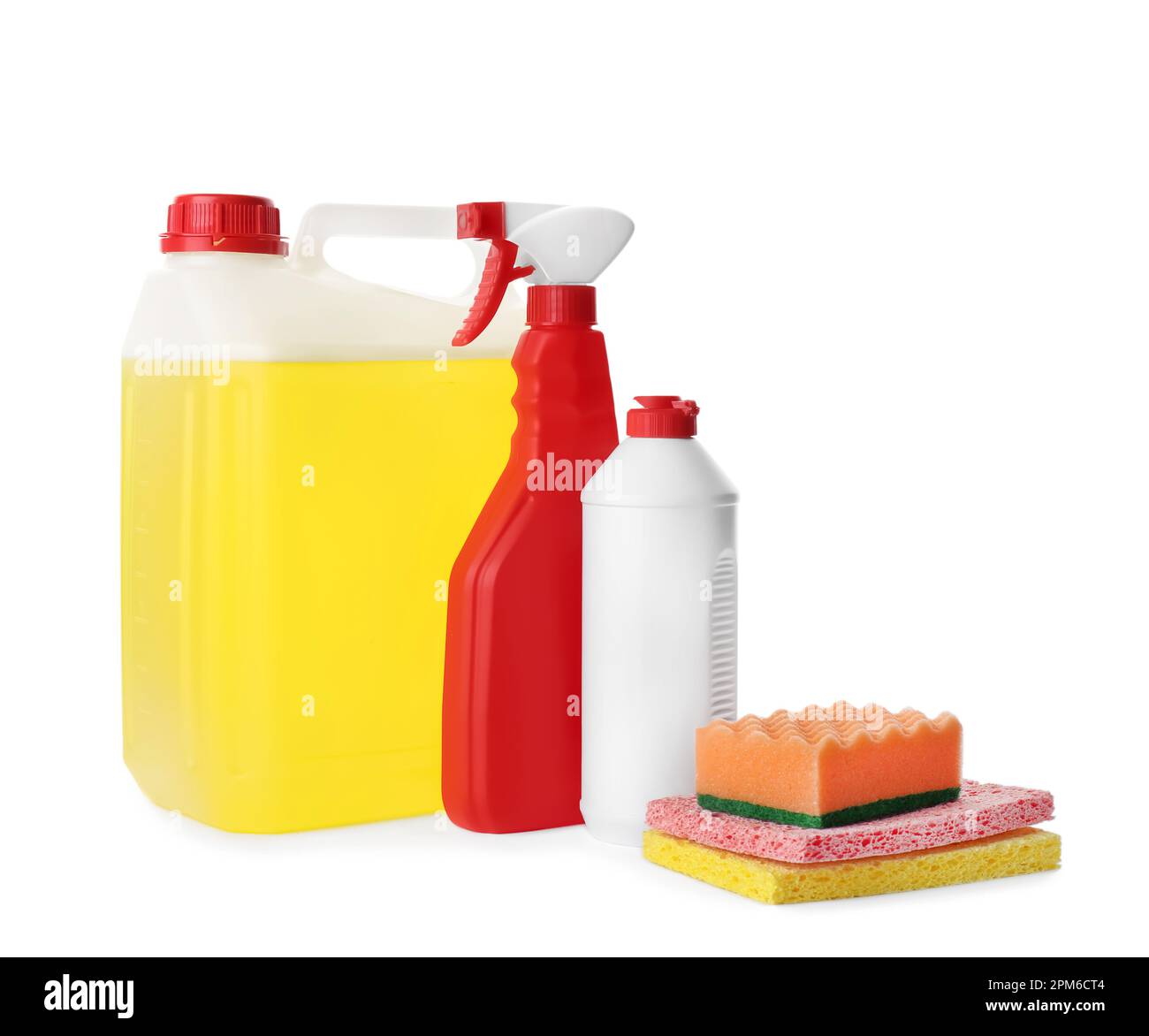 Set of different cleaning supplies on white background Stock Photo - Alamy