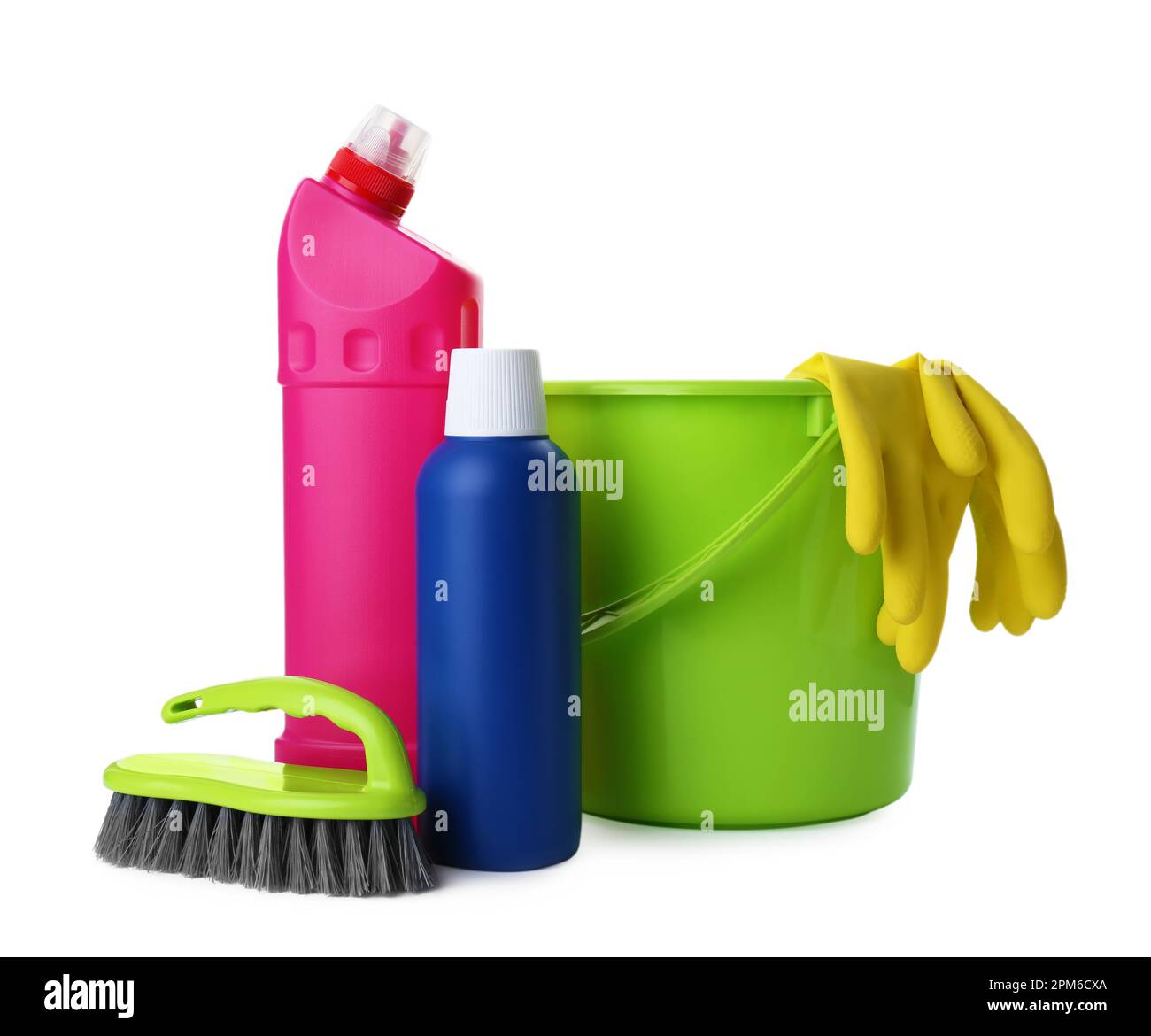 Set of different cleaning supplies on white background Stock Photo - Alamy