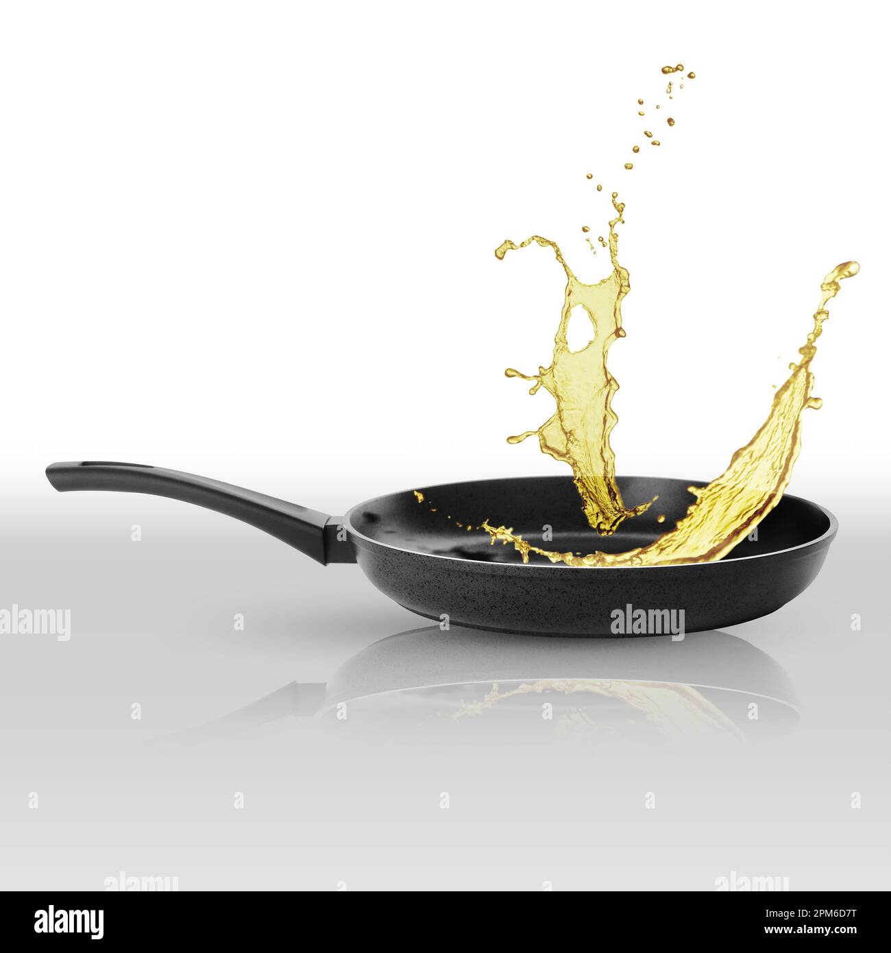 Frying pan and splashing cooking oil on white background Stock Photo ...
