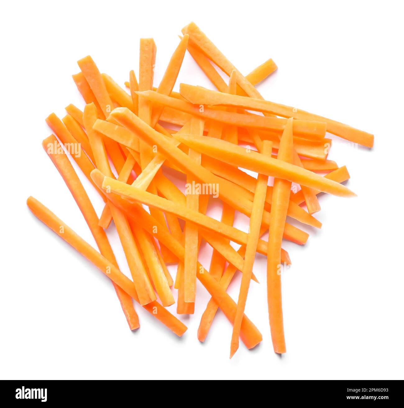 Pile of delicious carrot sticks isolated on white, top view Stock Photo ...
