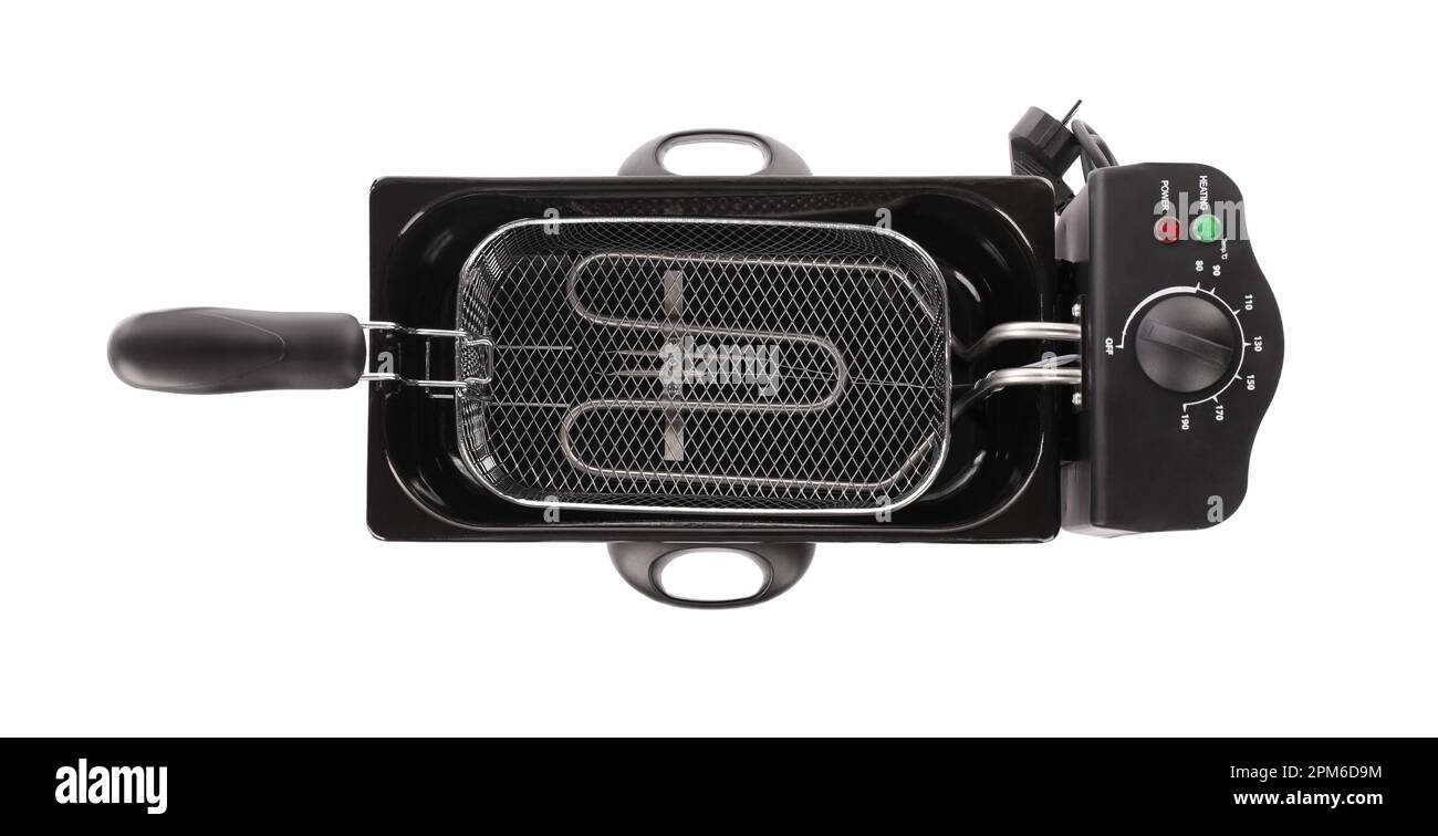 Modern deep fryer and basket isolated on white, top view. Kitchen ...