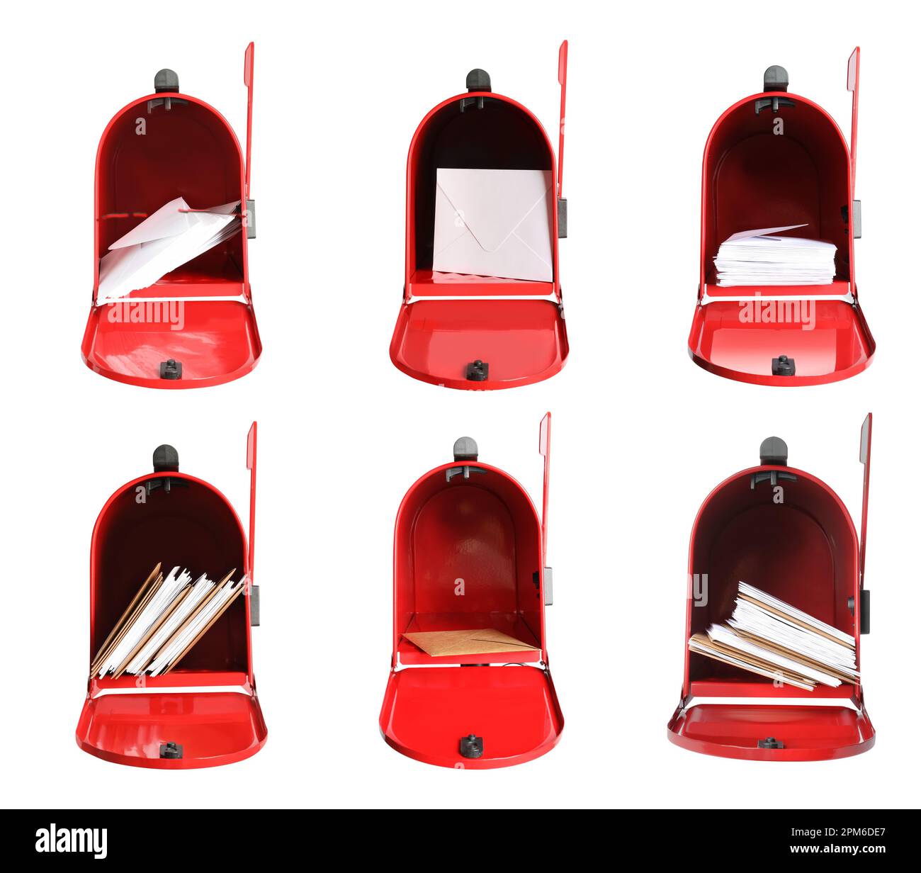 Set of open red letter boxes with correspondence on white background ...