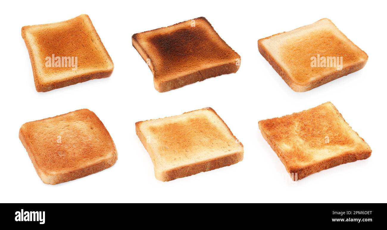 Set with slices of tasty toasted bread on white background Stock Photo ...