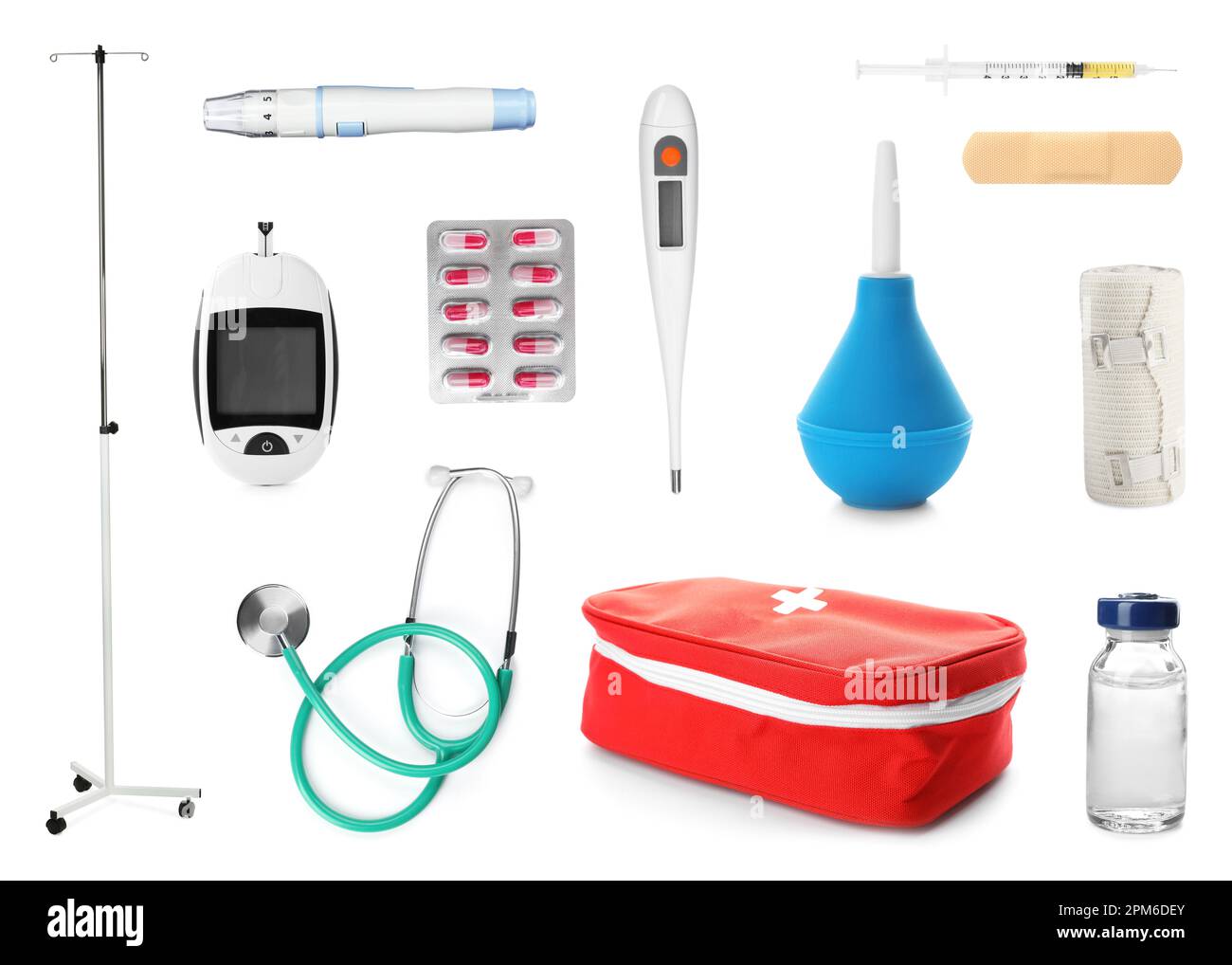 Set with drop counter stand and different medical equipment on white ...