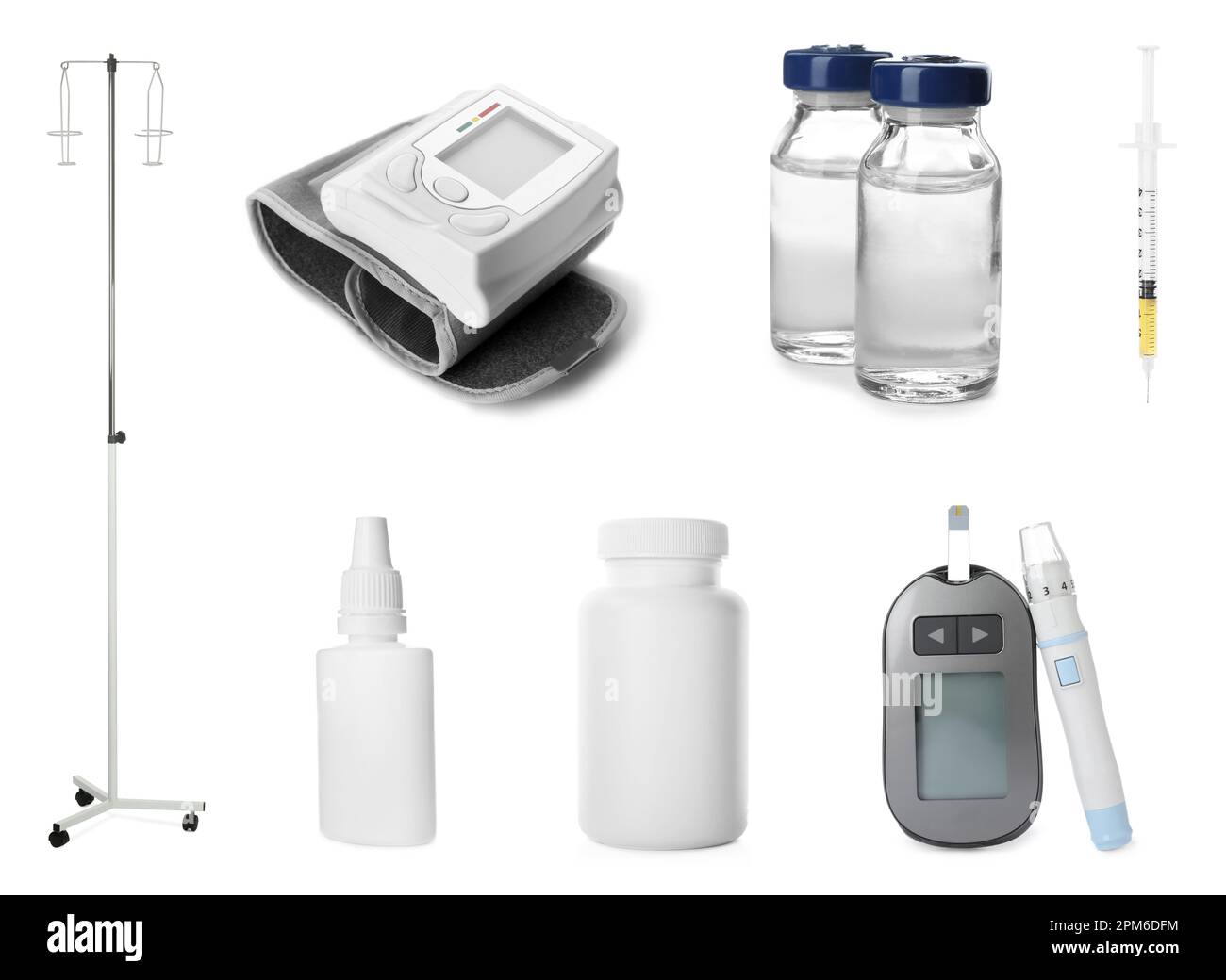 Set with drop counter stand and different medical equipment on white ...