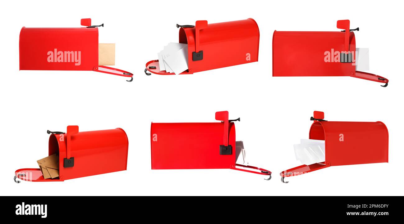 Set of open red letter boxes with correspondence on white background ...