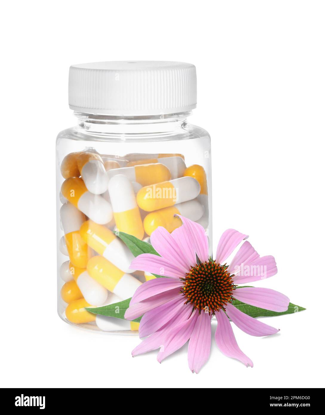 Bottle with vitamin pills and beautiful echinacea flower on white ...