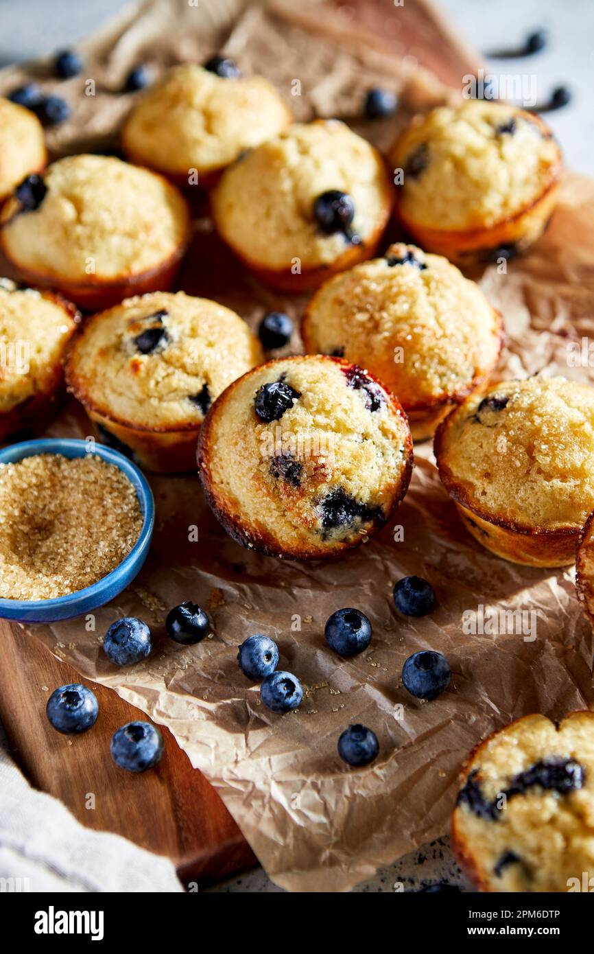 Blueberry Muffins on Parchment Paper Stock Photo - Alamy