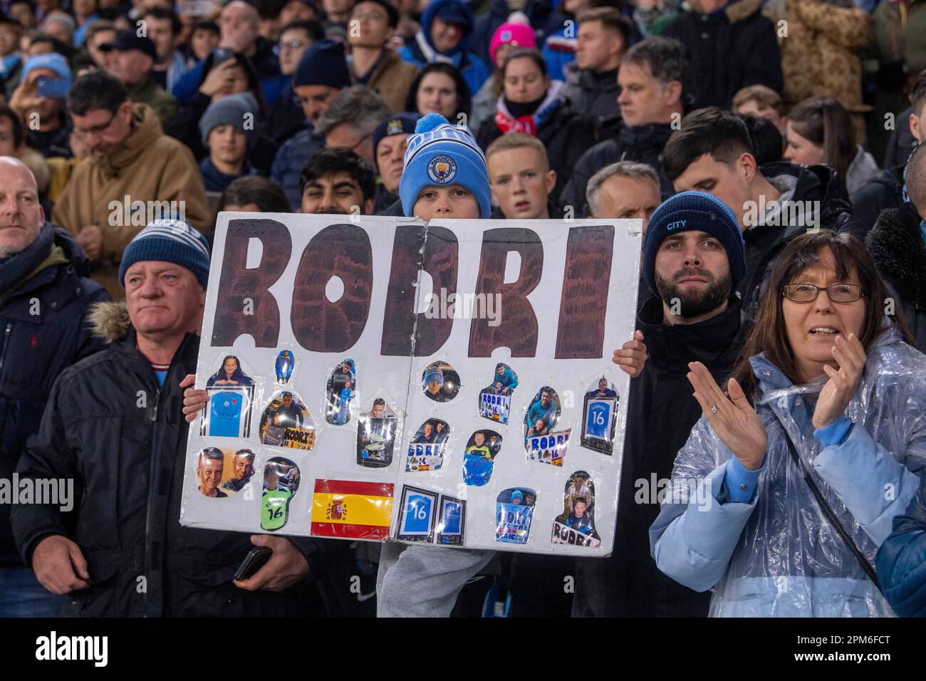 Manchester, UK. 11th Apr, 2023. Etihad Stadium Fan with sign during the ...