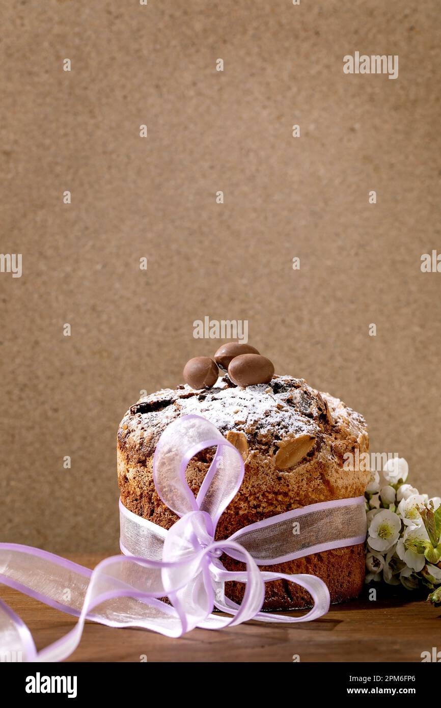 Homemade Italian traditional Easter panettone cake, decorated by ...