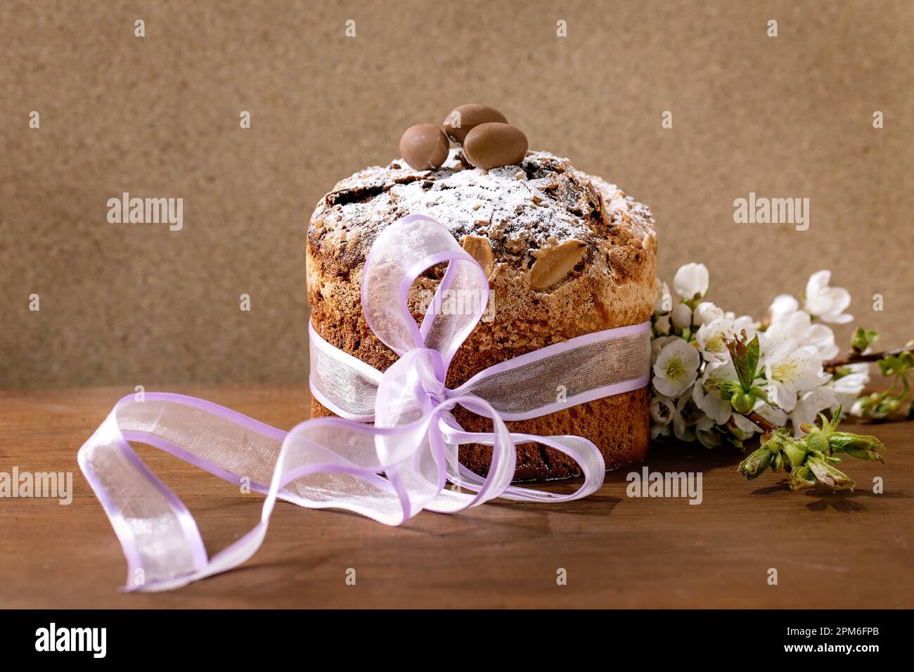 Homemade Italian traditional Easter panettone cake, decorated by ...