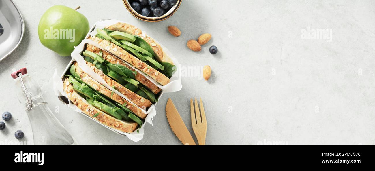 Healthy sandwich flat lay with space for your text. Vegan eating, eco ...