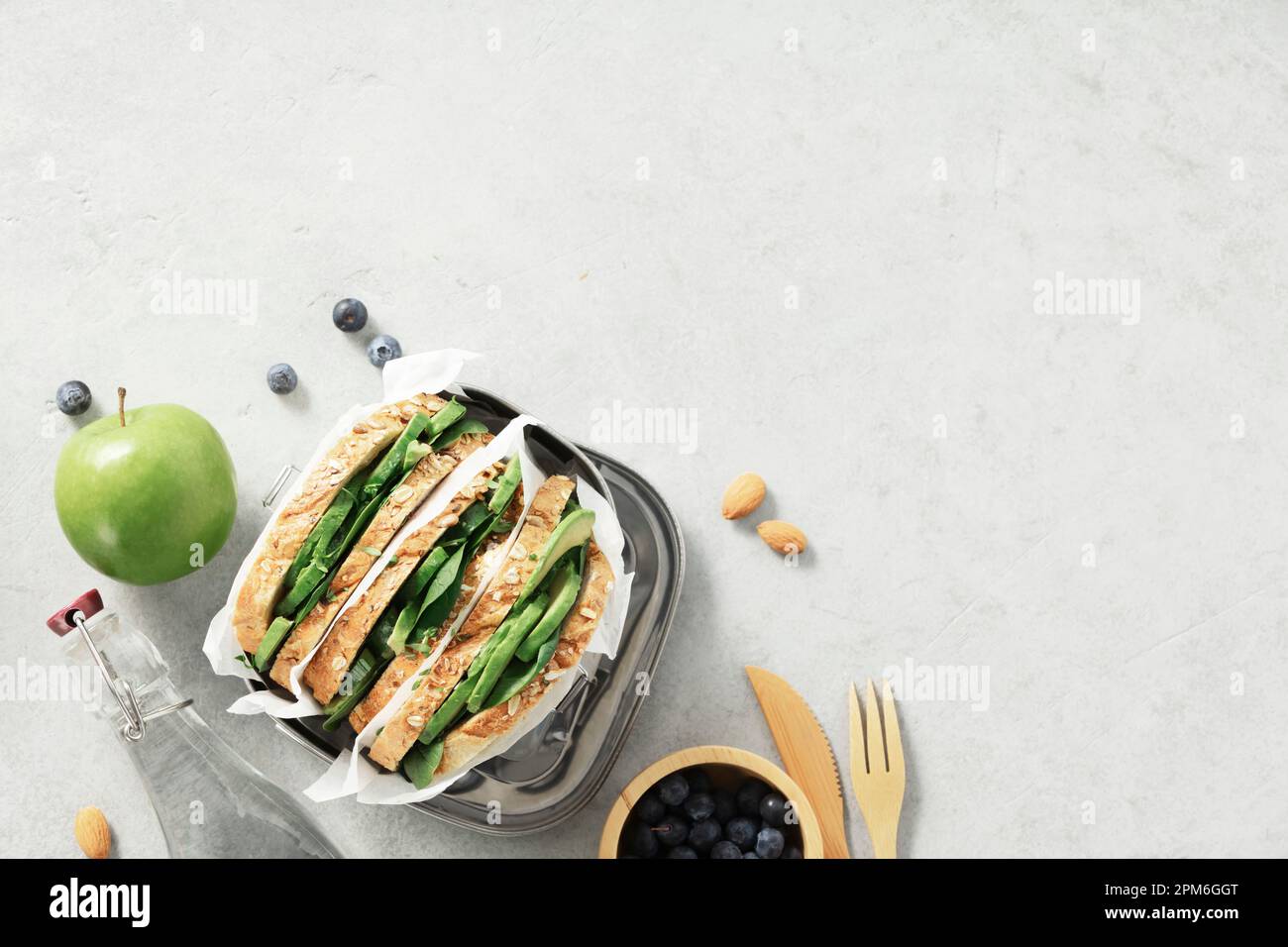 Healthy sandwich flat lay with space for your text. Vegan eating, eco ...
