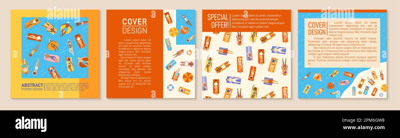 People sunbathing and relaxing in beach trendy cover or square card ...