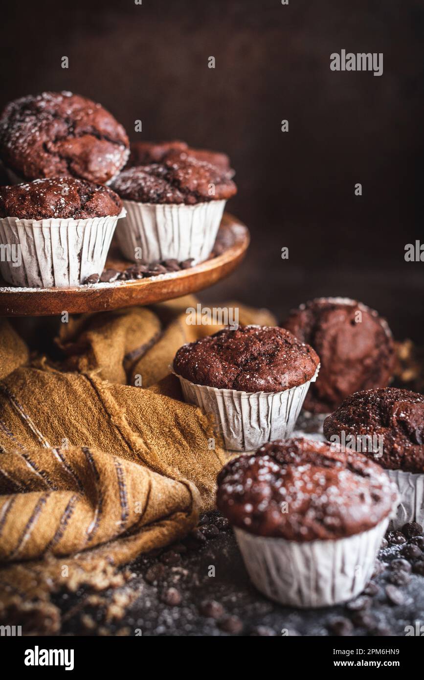 Homemade chocolate muffins with cholcolate chips in a rustic kitchen ...