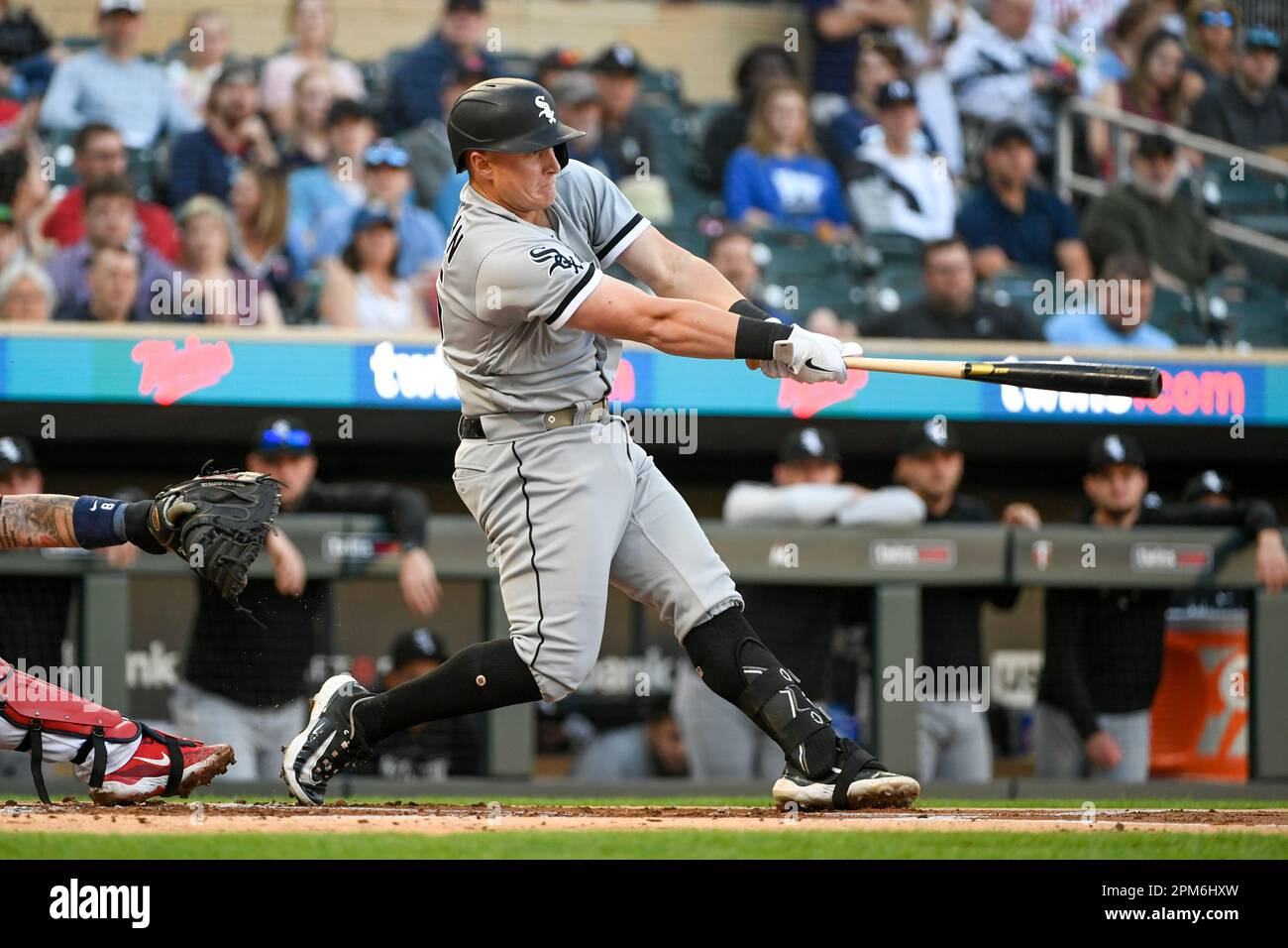 Chicago White Sox's Andrew Vaughn hits a two-run double off Minnesota ...
