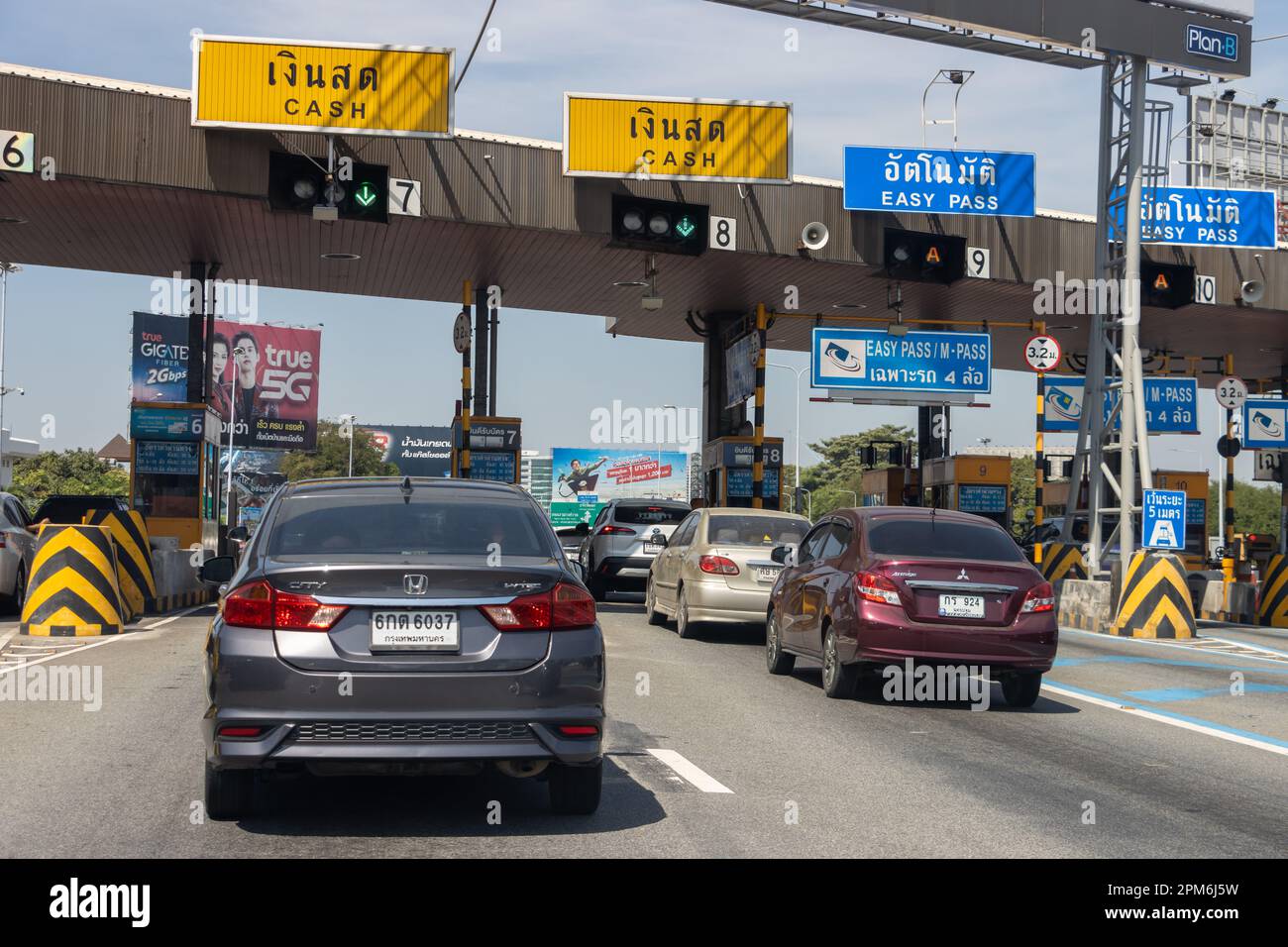 BANGKOK, THAILAND, JAN 21 2023, Cars stand in a queue at the toll gate ...
