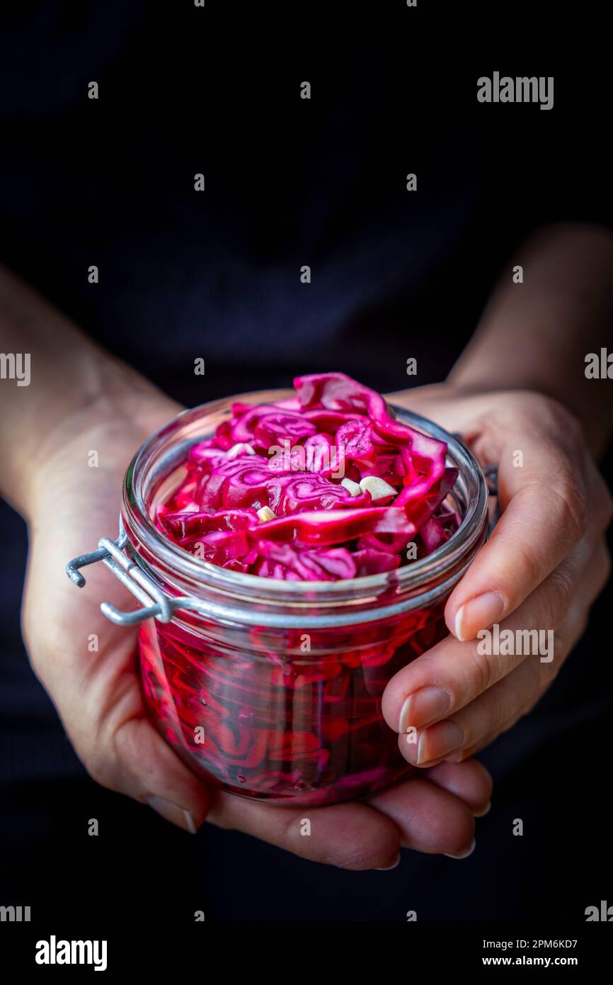 Hands holding a jar of red cabbage pickle photographed in a dark mood ...