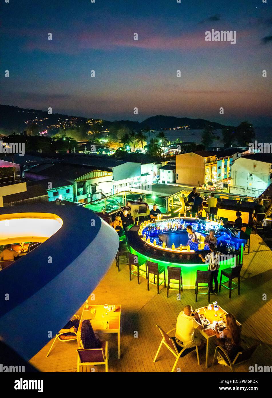 Aerial view of Patong city center and rooftop bar, in Phuket, Thailand ...