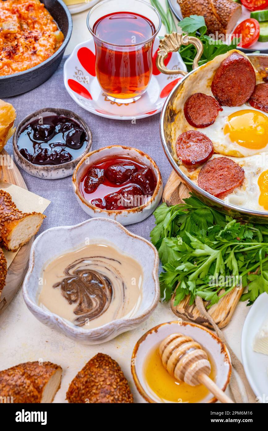 Tahin pekmez in a bowl and other Turkish breakfast foods like jams ...