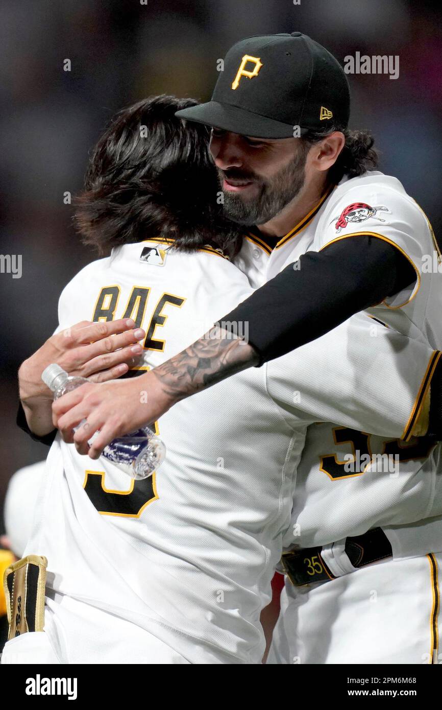 Pittsburgh relief pitcher Colin Holderman congratulates Pirates' Ji ...