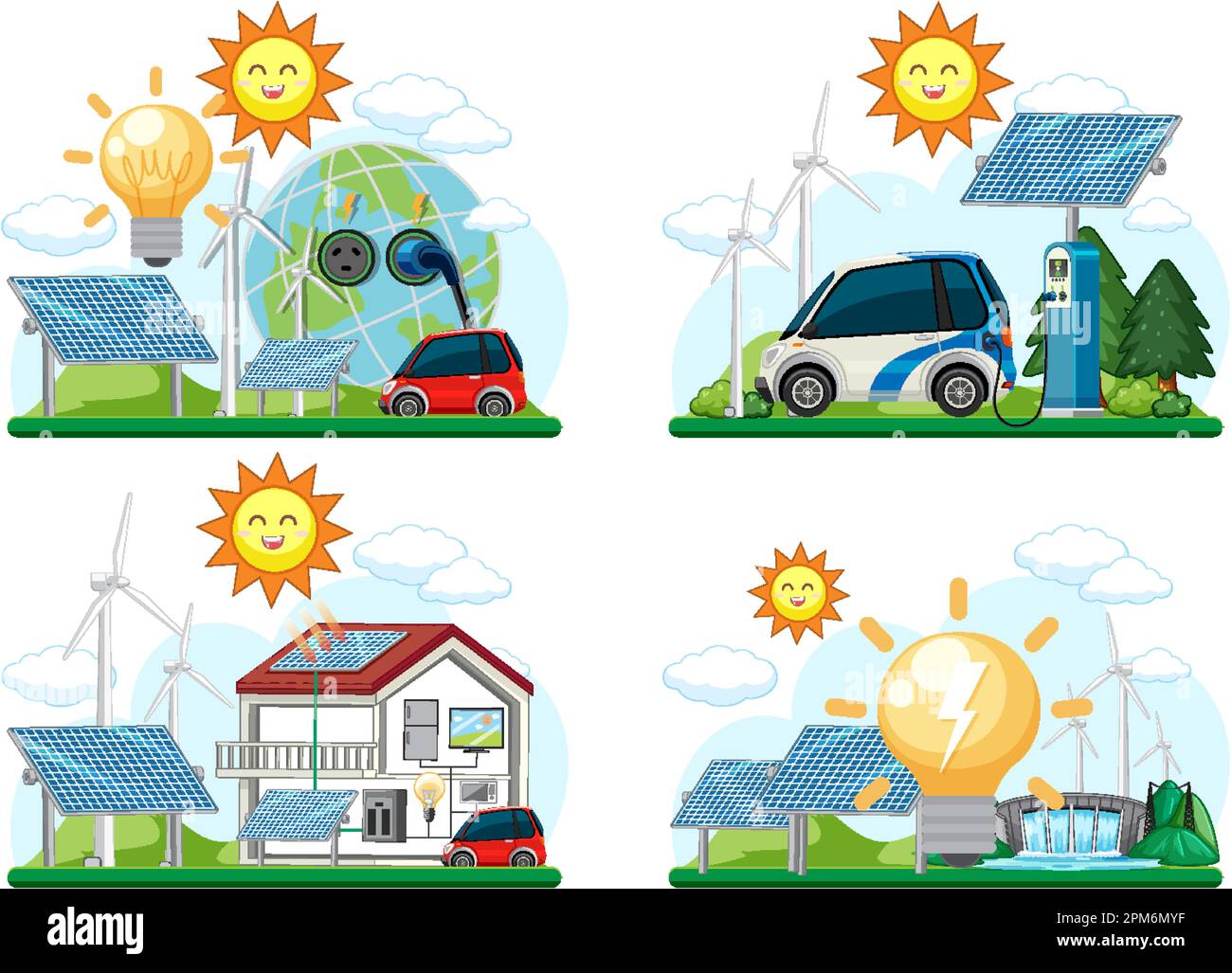 Green energy concept with solar panels and wind turbines illustration ...