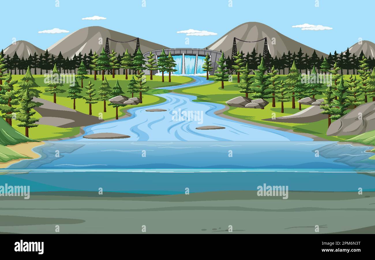 Nature scene landscape with dam and underwater illustration Stock ...