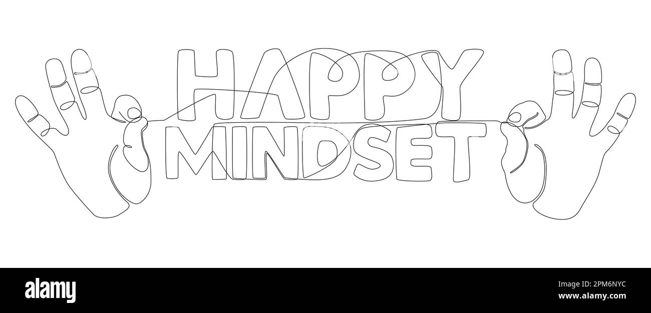 One continuous line of hand with Happy Mindset word. Thin Line ...